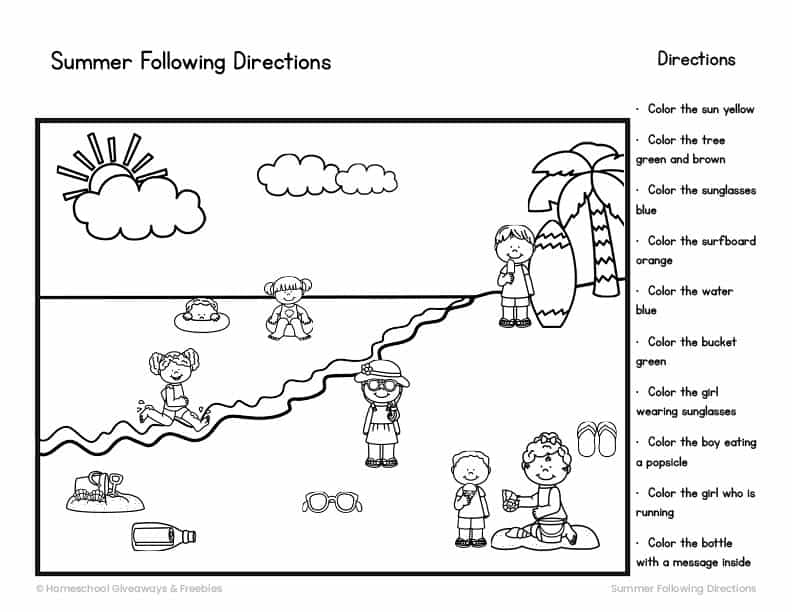Free Summer Following Directions Worksheets