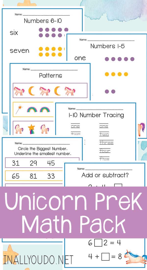 FREE Unicorn PreK Math Packet